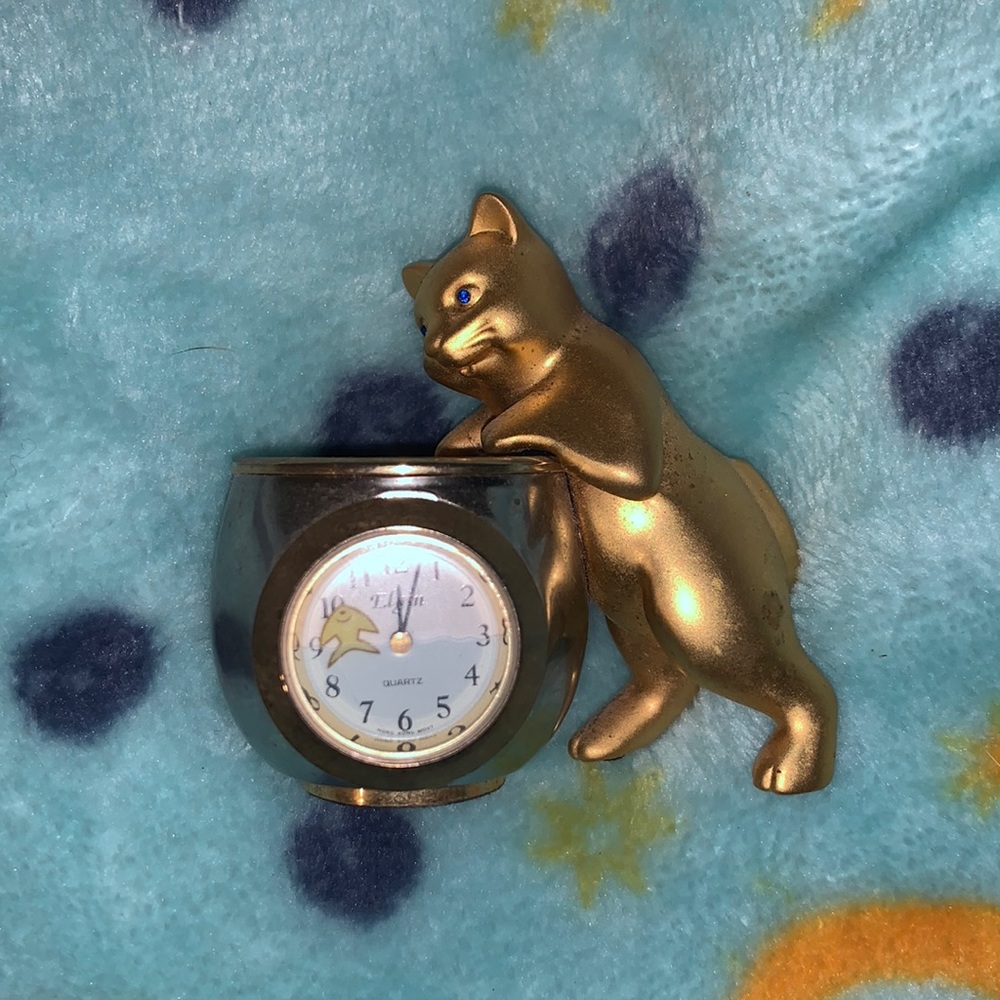 Vintage '90s Elgin Mini Clock Cat Figurine Fishbowl M… - Gem